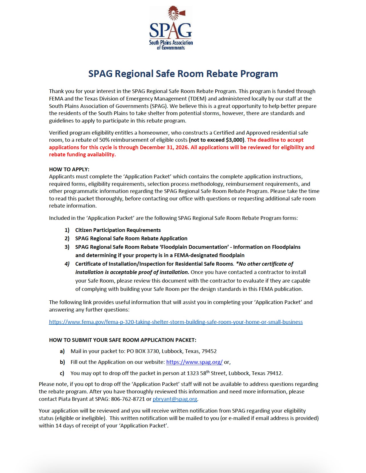 Safe Room Rebate Program Form - South Plains Association of Governments